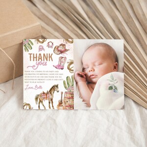 First Rodeo Birthday Thank You Card, Pink Western 1st Birthday Thank ...