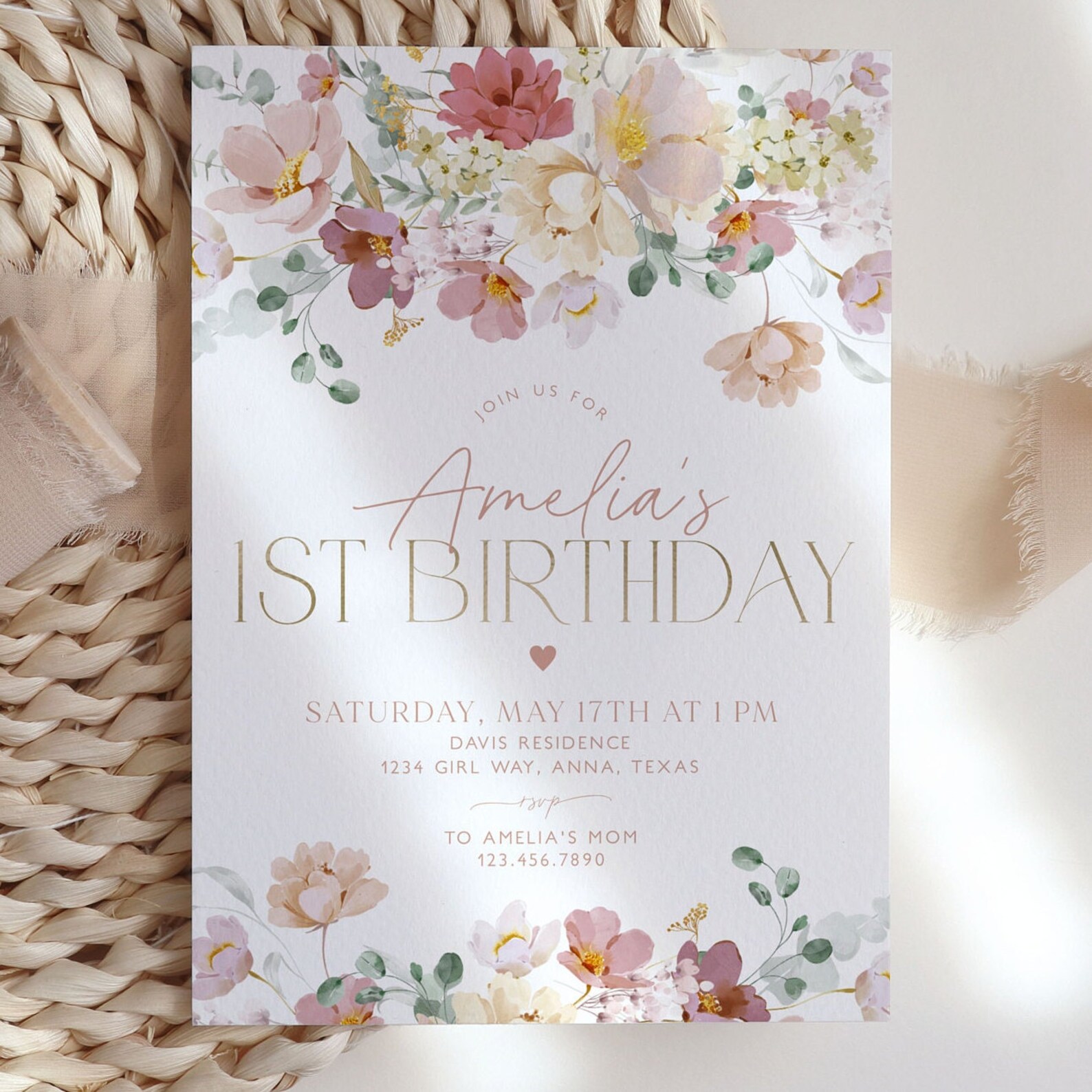 First Birthday Invitation Girl, Floral 1st Birthday Invite, Girls ...