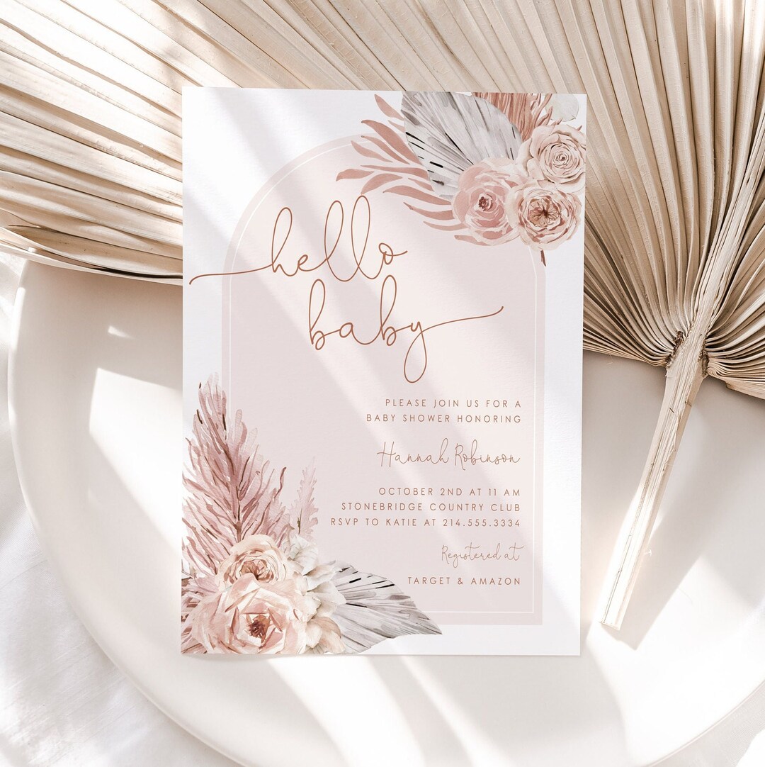 Boho Arch Baby Shower Invitation, Pampas Grass Boho Floral Baby Shower ...