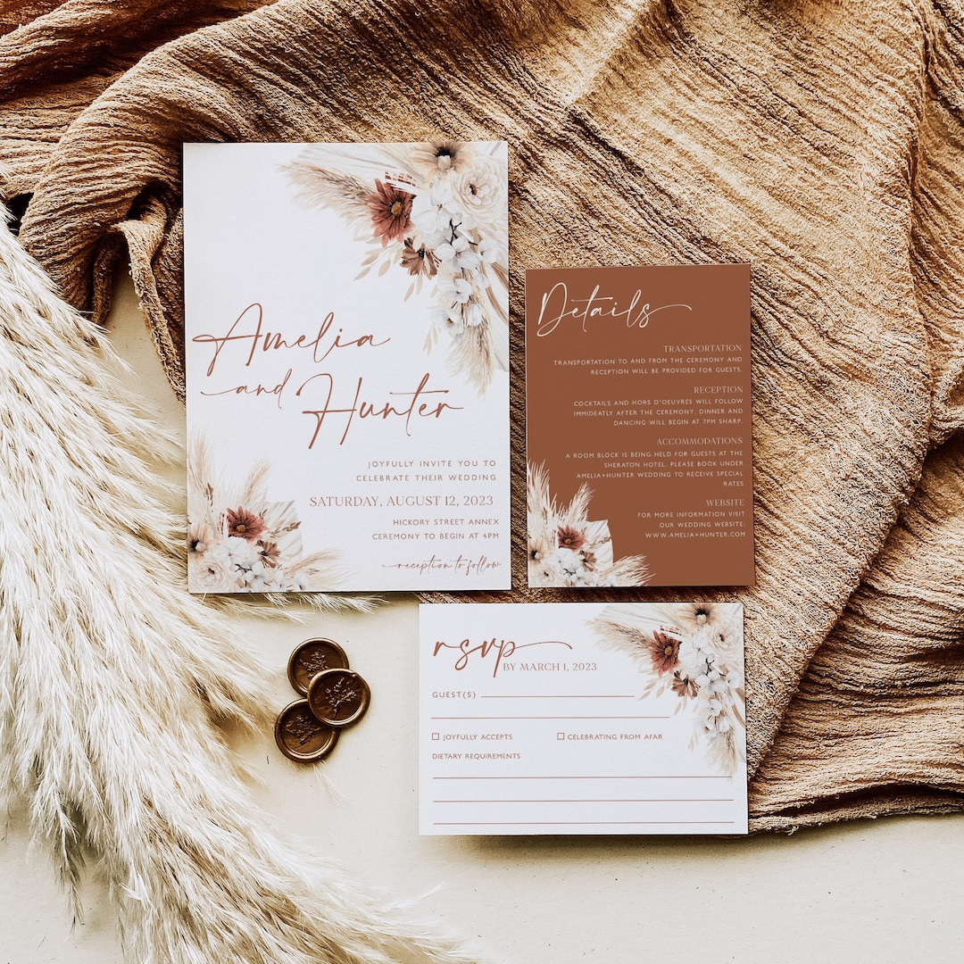 Boho Wedding Invitation Template Set, Boho Floral Wedding Invitation ...