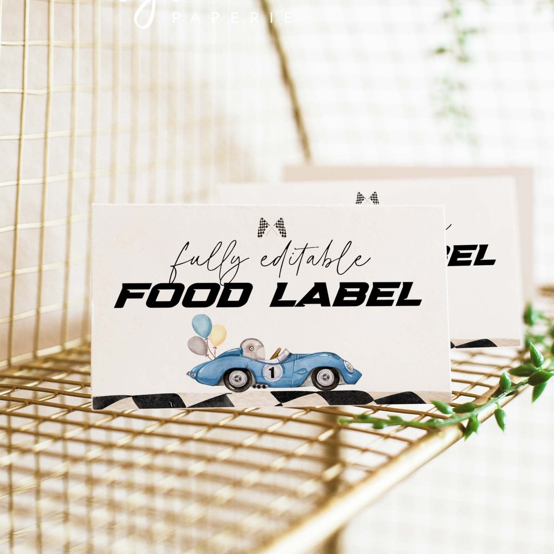 Race Car Editable Food Labels, Blue Race Car Food Label Card, Fast One ...