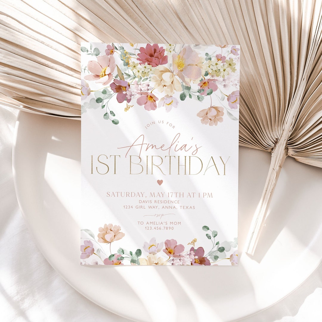 First Birthday Invitation Girl, Floral 1st Birthday Invite, Girls ...