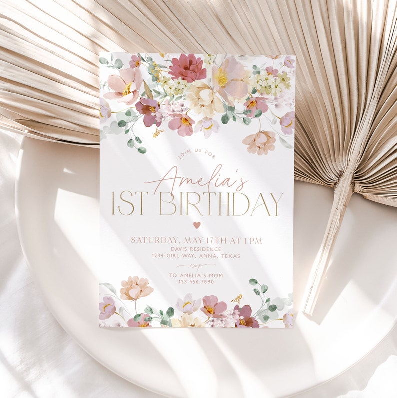 First Birthday Invitation Girl Floral 1st Birthday Invite - Etsy