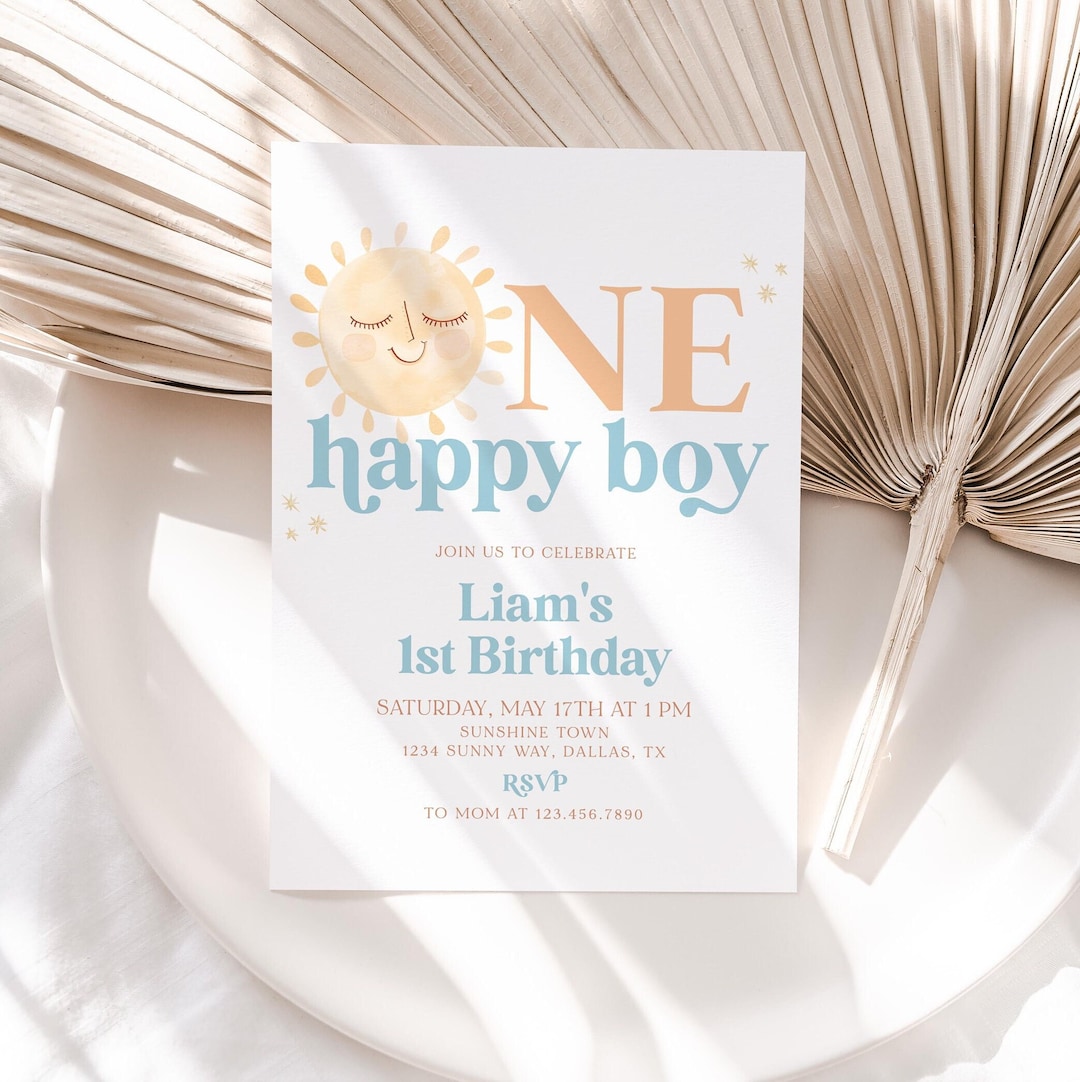 One Happy Boy Birthday Invite, Sunshine Birthday Invitation, Sun Boy ...