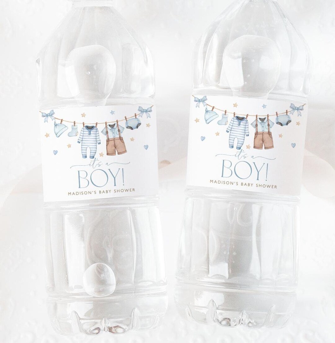 Blue Water Bottle Label Printable, Blue Baby Clothes Baby Shower Water ...