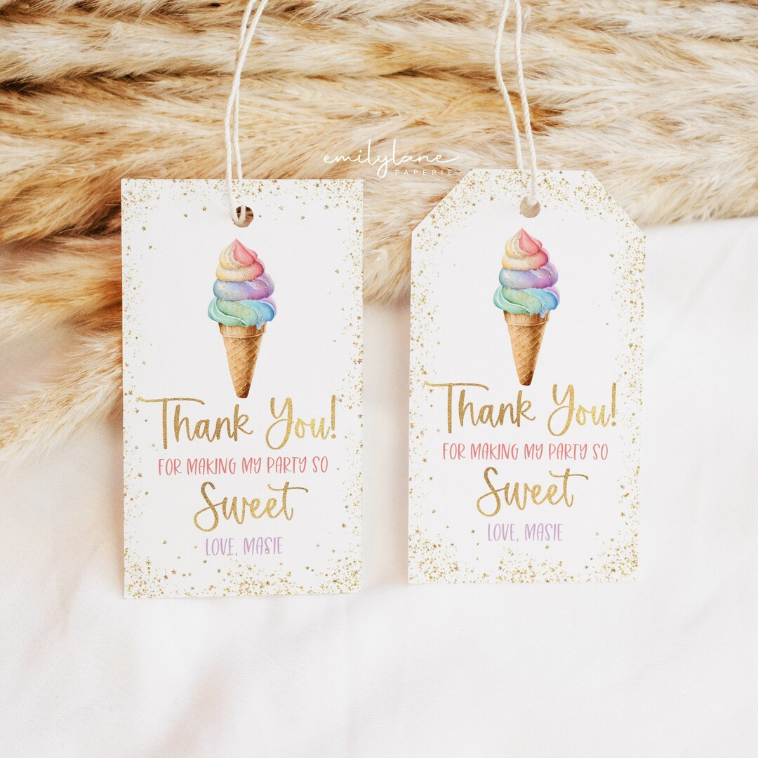 Rainbow Ice Cream Birthday Favor Tag, Ice Cream Thank You Tag, Rainbow ...