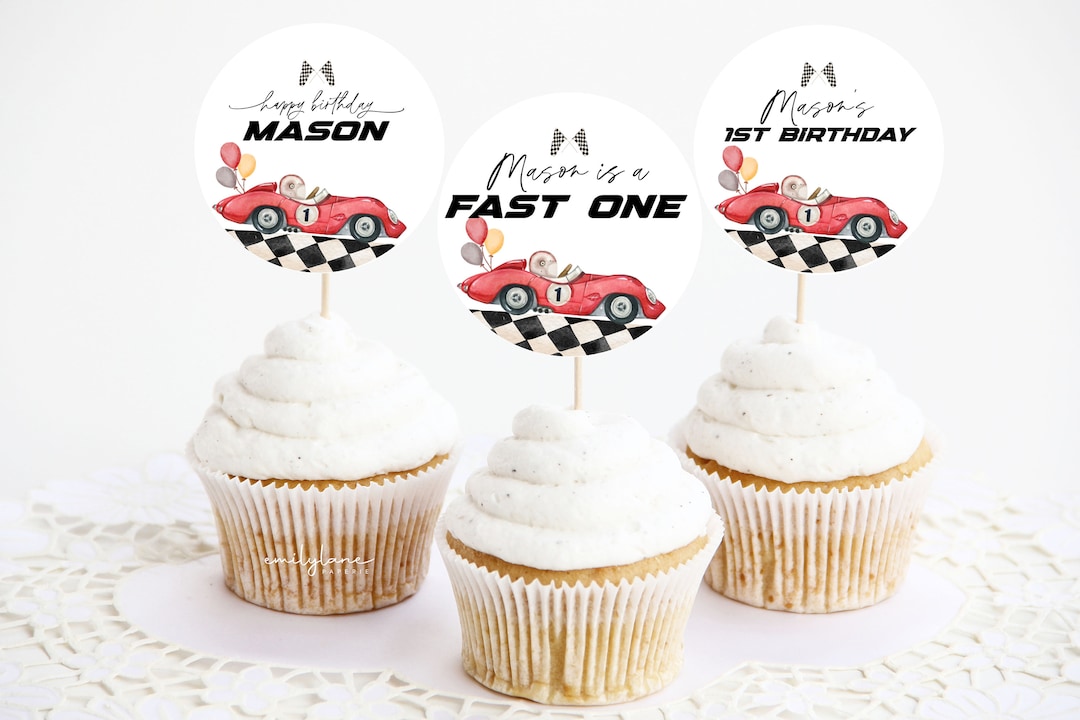 Fast One Birthday Cupcake Toppers, Red Race Car Birthday Cupcake ...