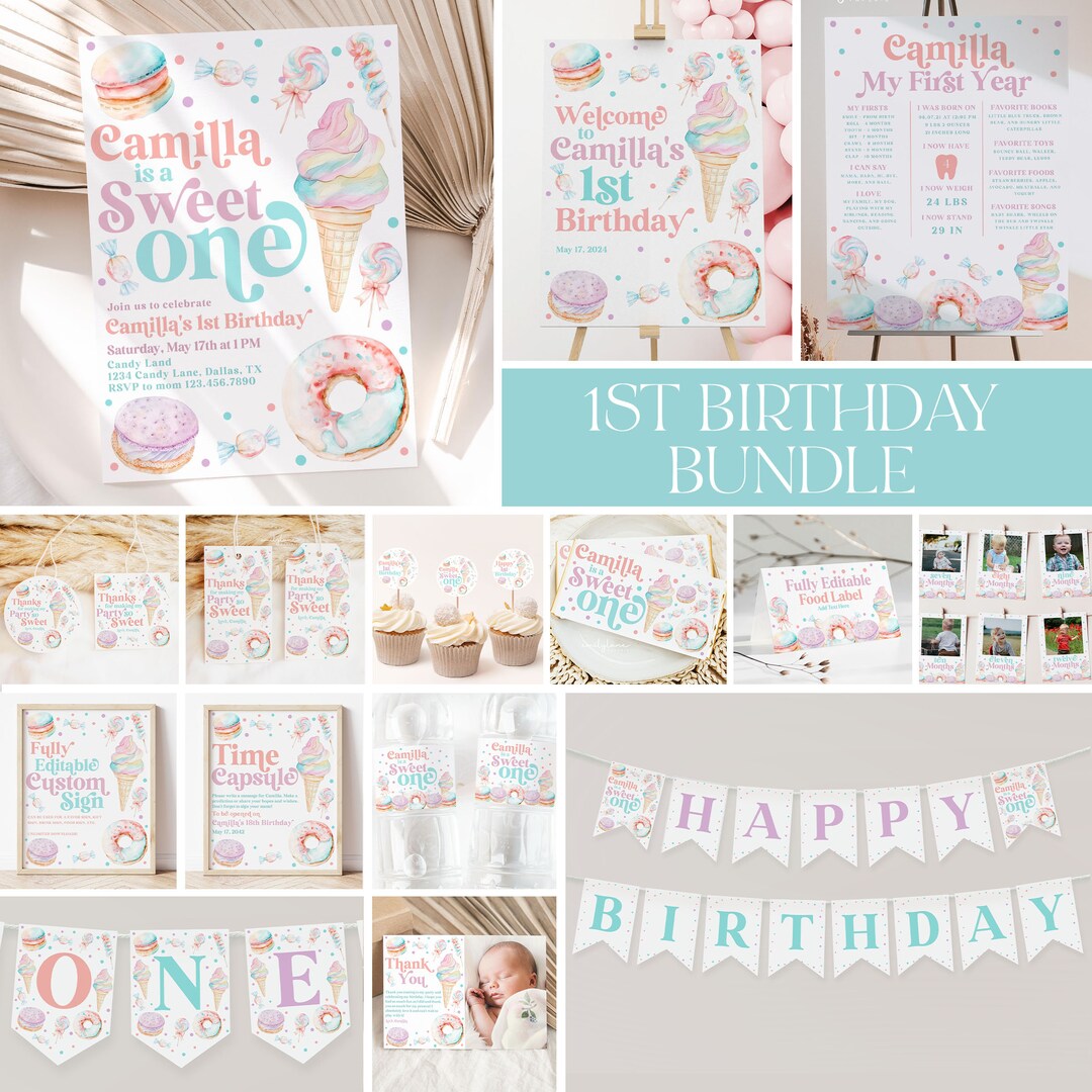 Sweet One 1st Birthday Invitation Bundle, Candy 1st Birthday Invitation ...