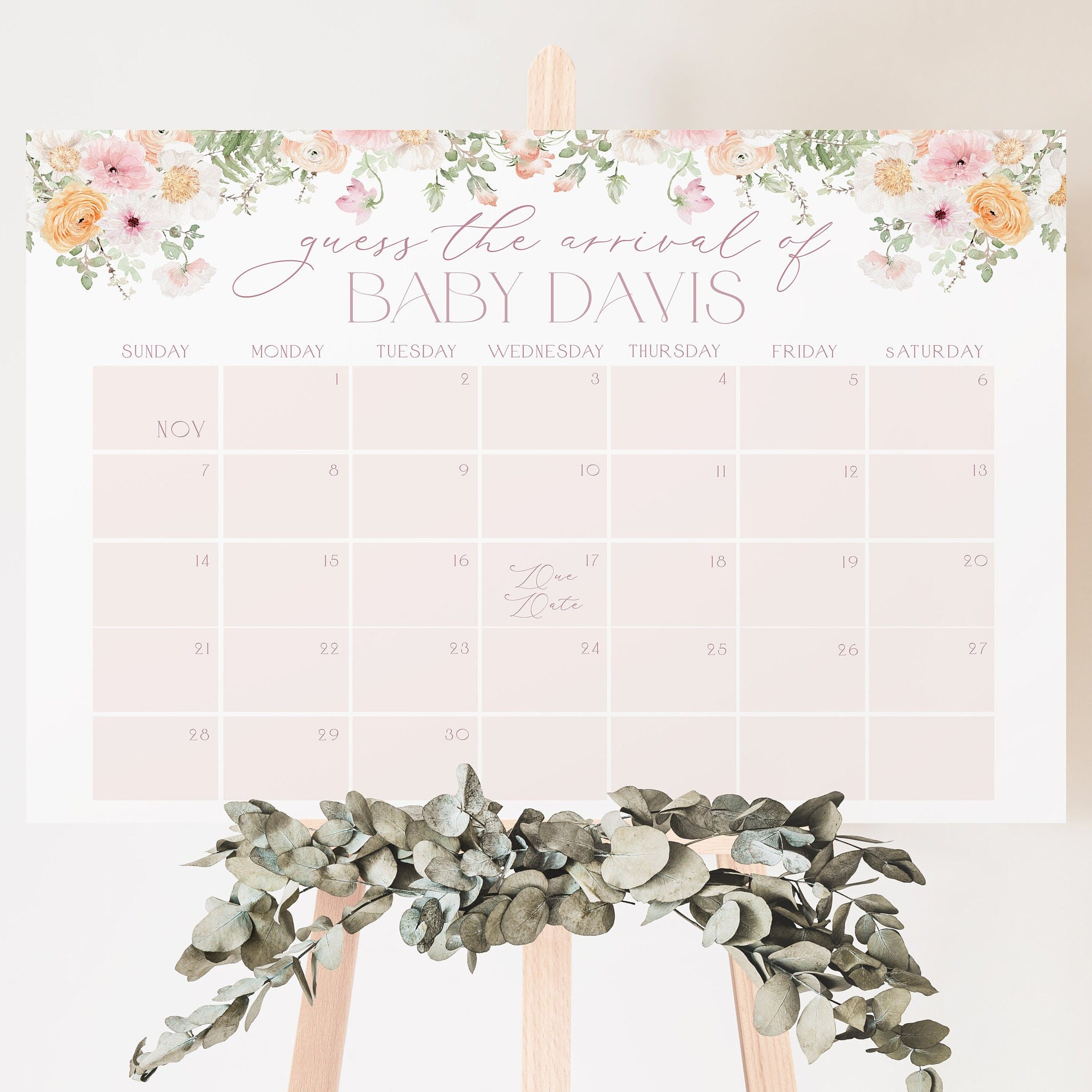 Floral Baby Shower Due Date Calendar, Birth Date Sign, Baby Arrival ...