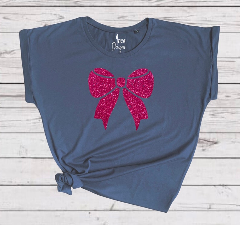 Glitter Bow Graphic Tshirt, Ladies Rolled Sleeve Cotton Top - Etsy