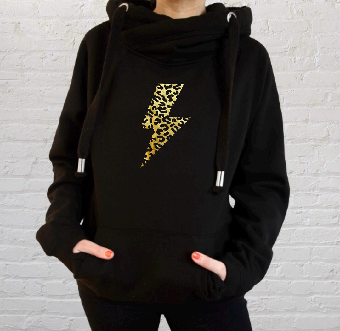 Lightning Bolt Hoodie, Cowl Neck Flash Hoodie, Gold Leopard Print ...