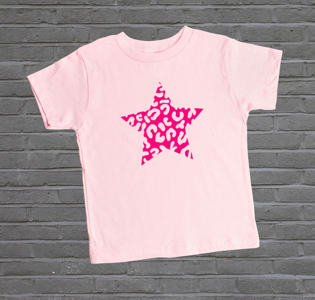 Girls Leopard Print Star Tshirt, Kids Animal Print Star Top, Neon Pink ...