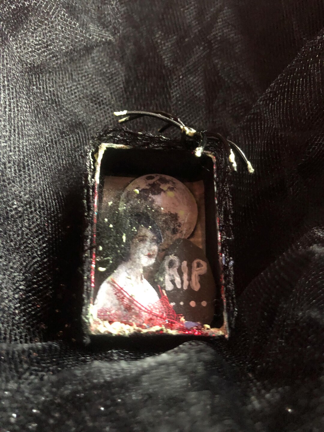 Diorama Woman Tombstone RIP and Spider Halloween Miniature in a Matchbox Vintage Image Unique ...