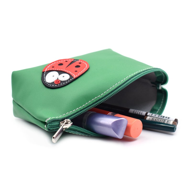 Cute Ladybug Green Leather Makeup Bag, Womens Leather Toiletry Bag ...