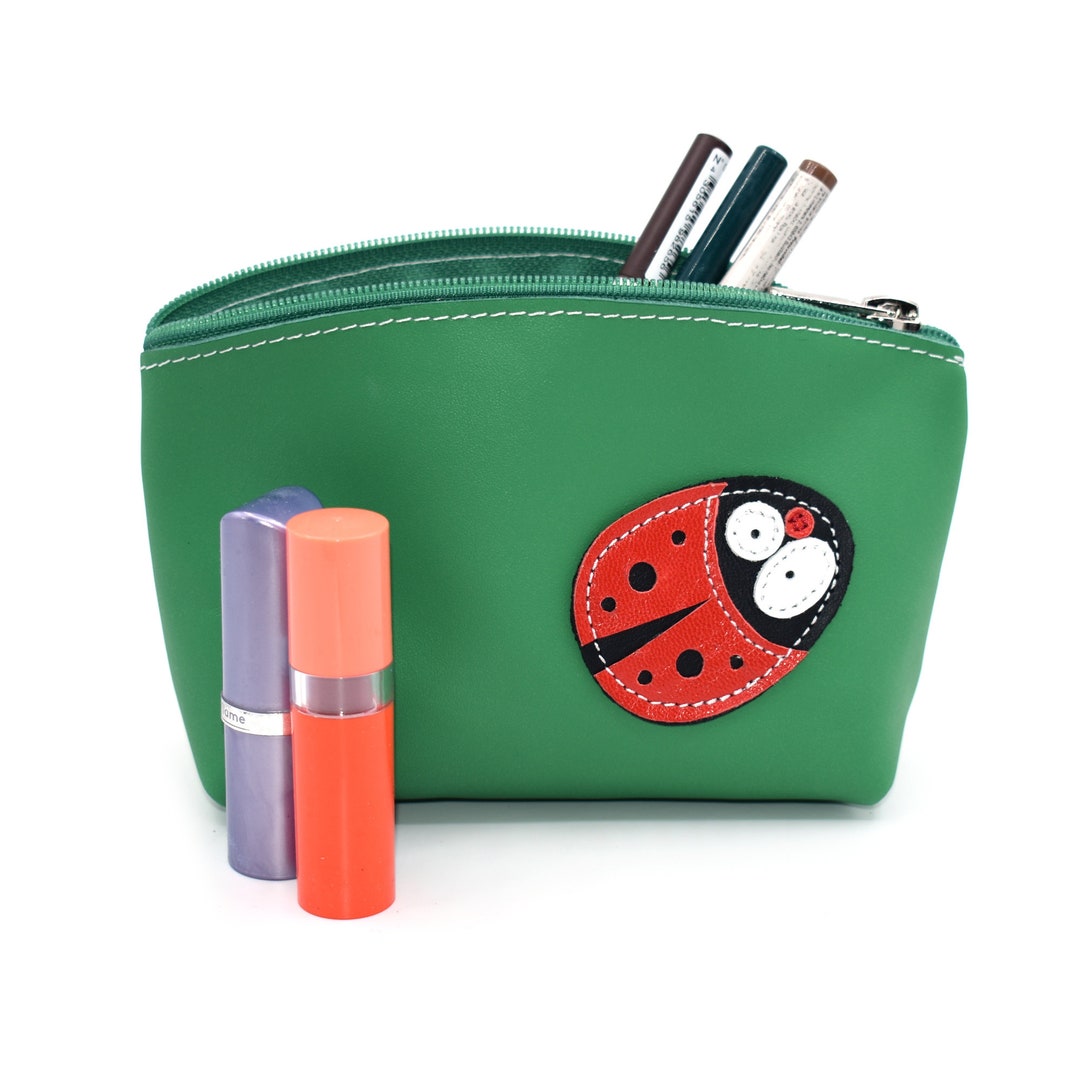 Cute Ladybug Green Leather Makeup Bag, Womens Leather Toiletry Bag ...