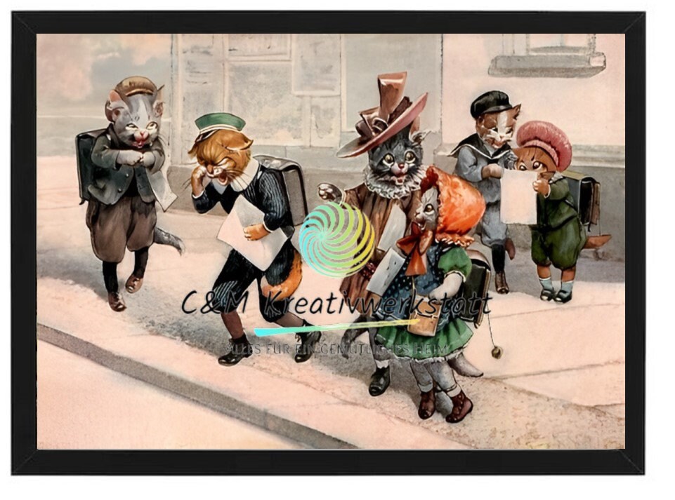 Cartoon Cats School Retro Picture Print Poster Funny Cat Cute Cat ...