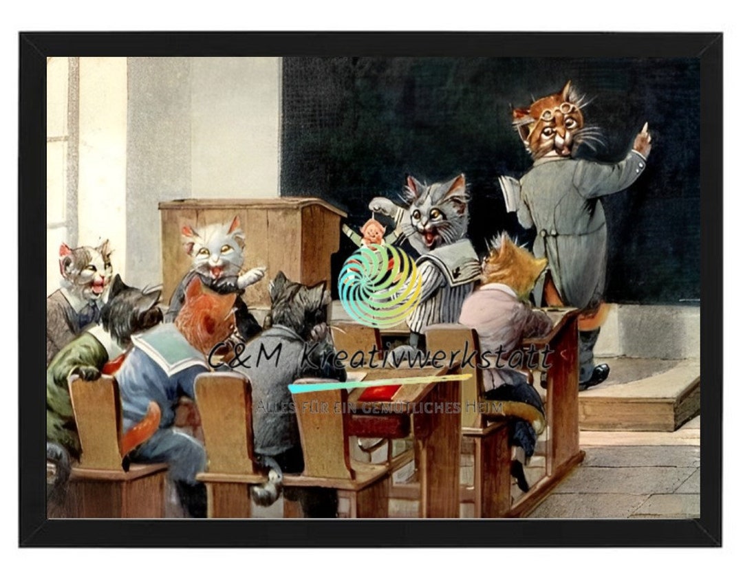 Cartoon Cats School Retro Picture Print Poster Funny Cat Cute Cat ...