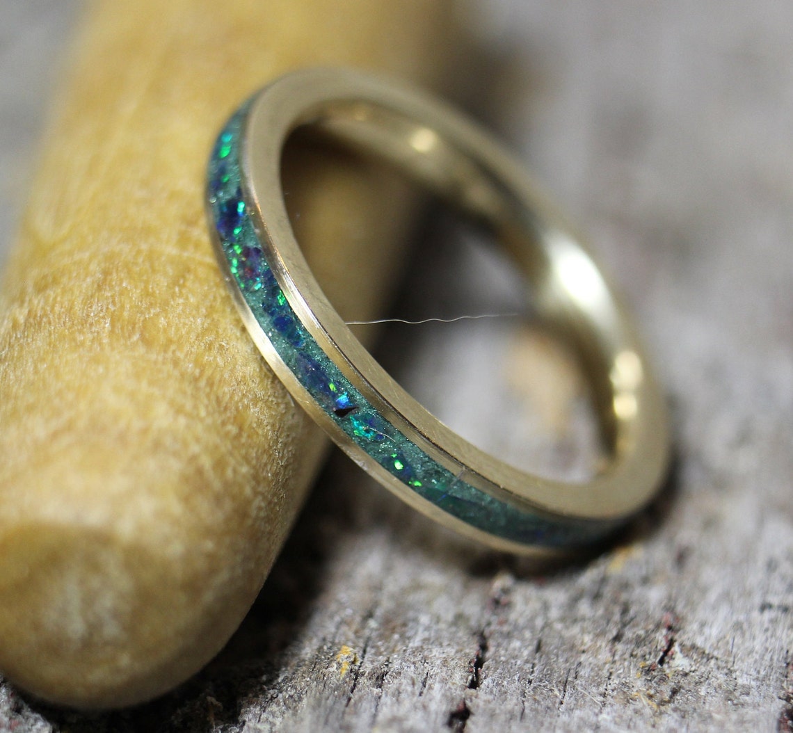 8mm Wide Glowing Green Opal Inlay Ring - Etsy