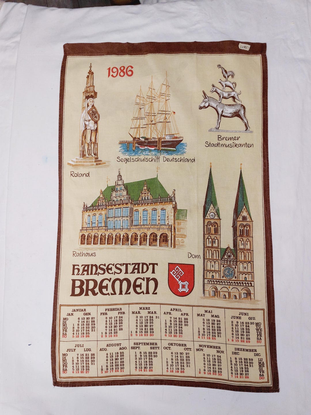 1986 Calendar Tea Towels Bremen Vintage Calendar Wall Hanging or Tea ...