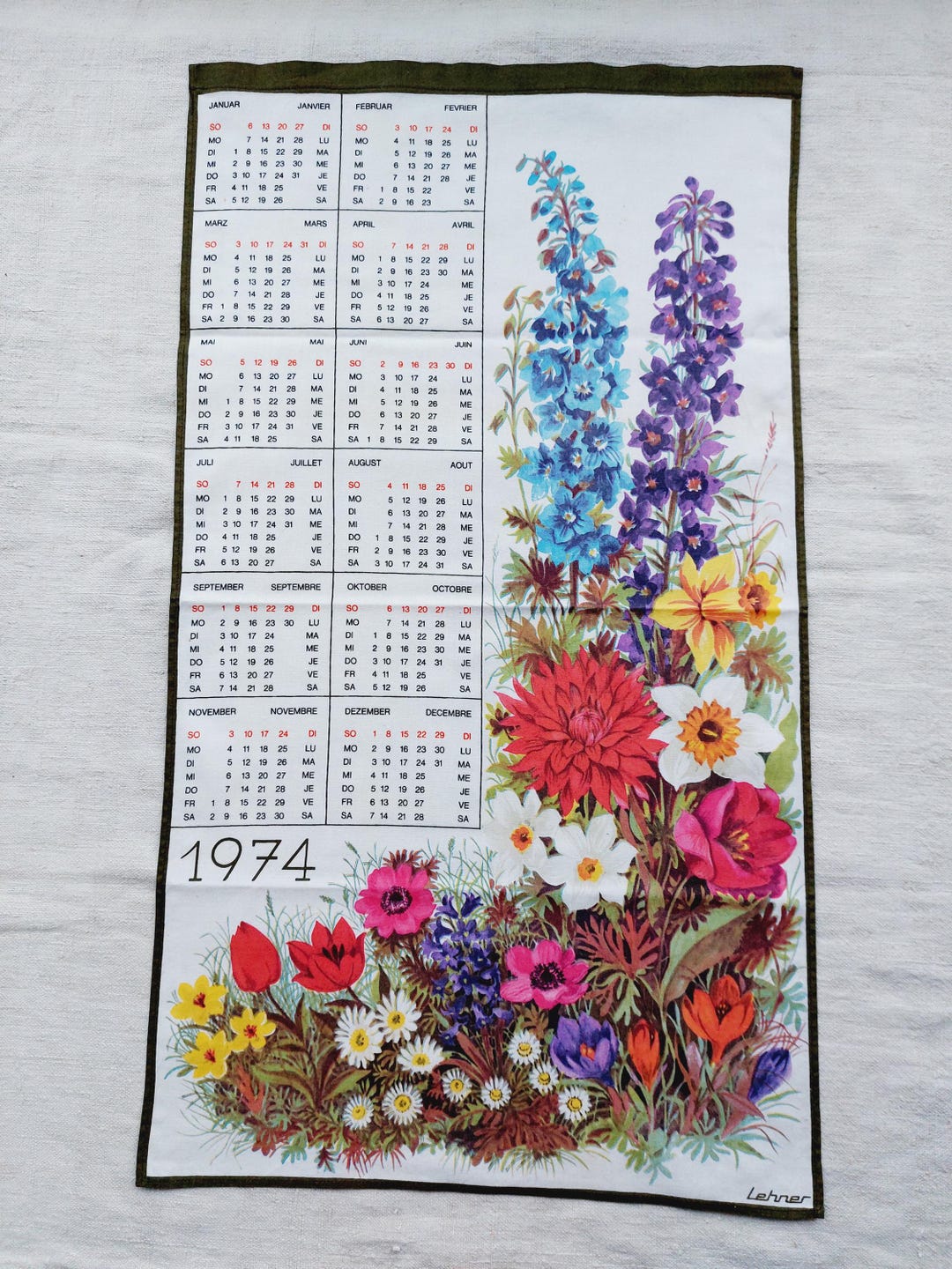 1974 Lehner Floral Fabric Calendar / Calendar Tea Towels Vintage ...