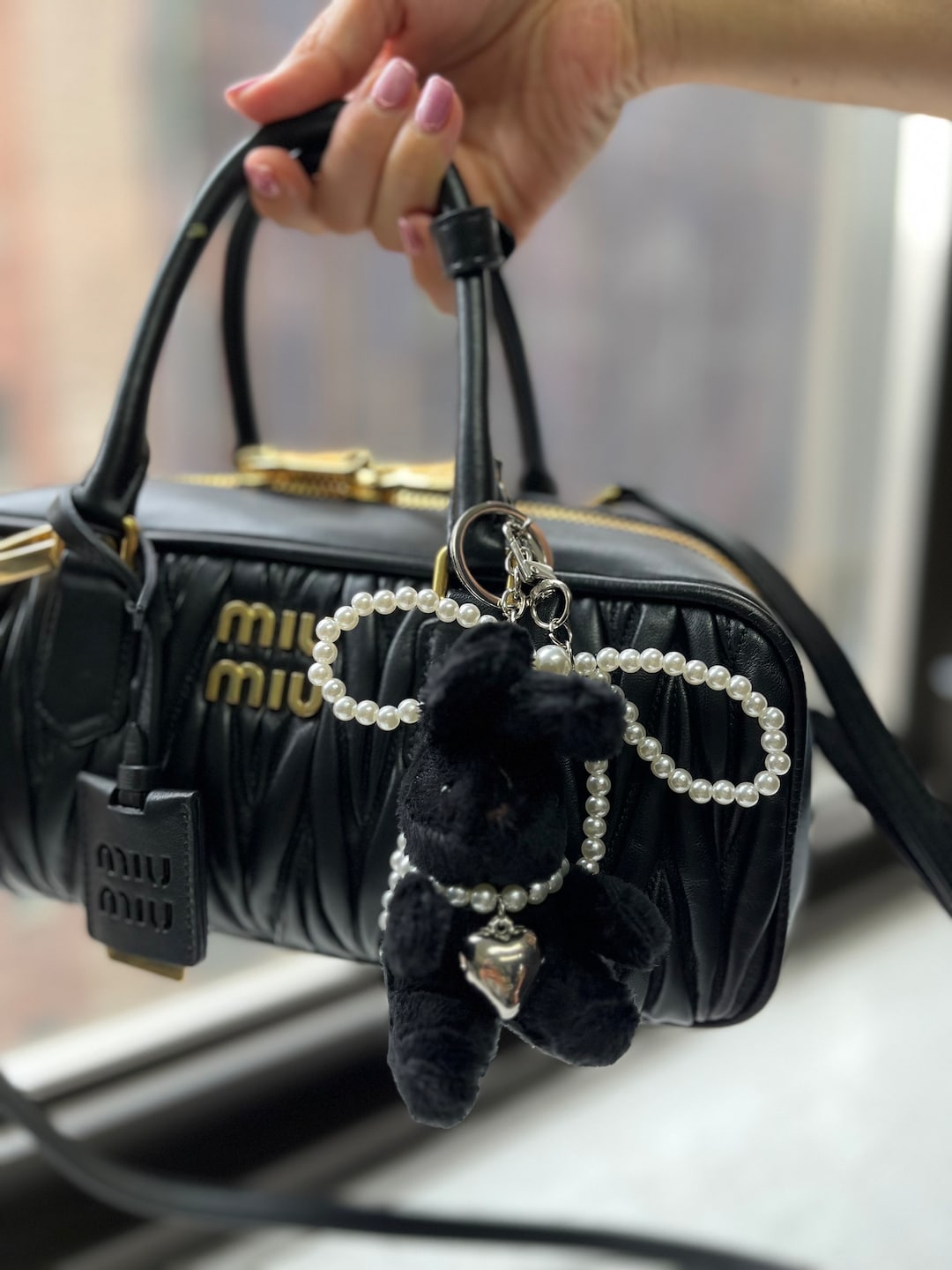 Handmade Pearl Ribbon Charm and Black Bunny Plush Bag Charm - Etsy