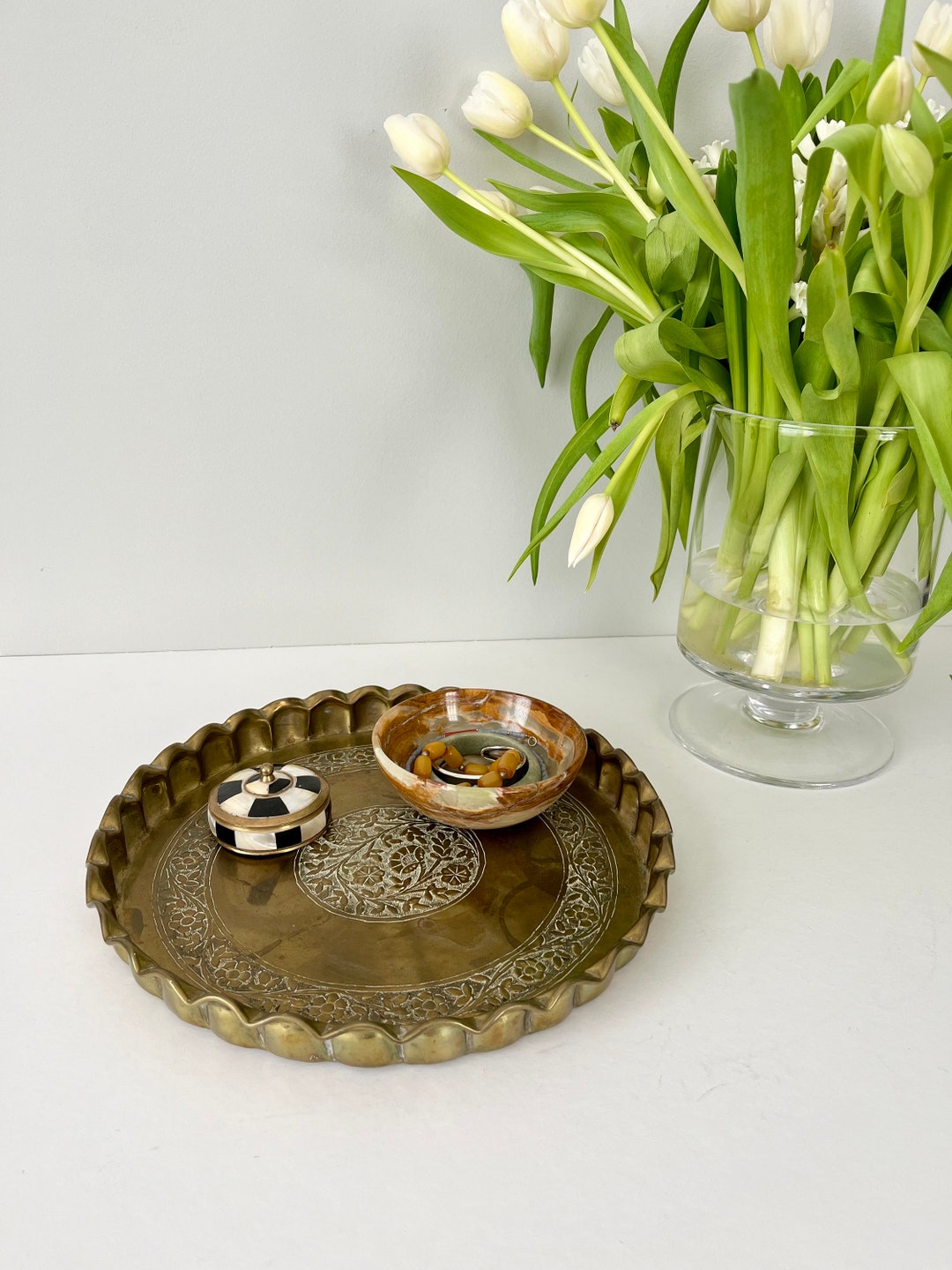 Scalloped Brass Tray With Floral Design - Etsy
