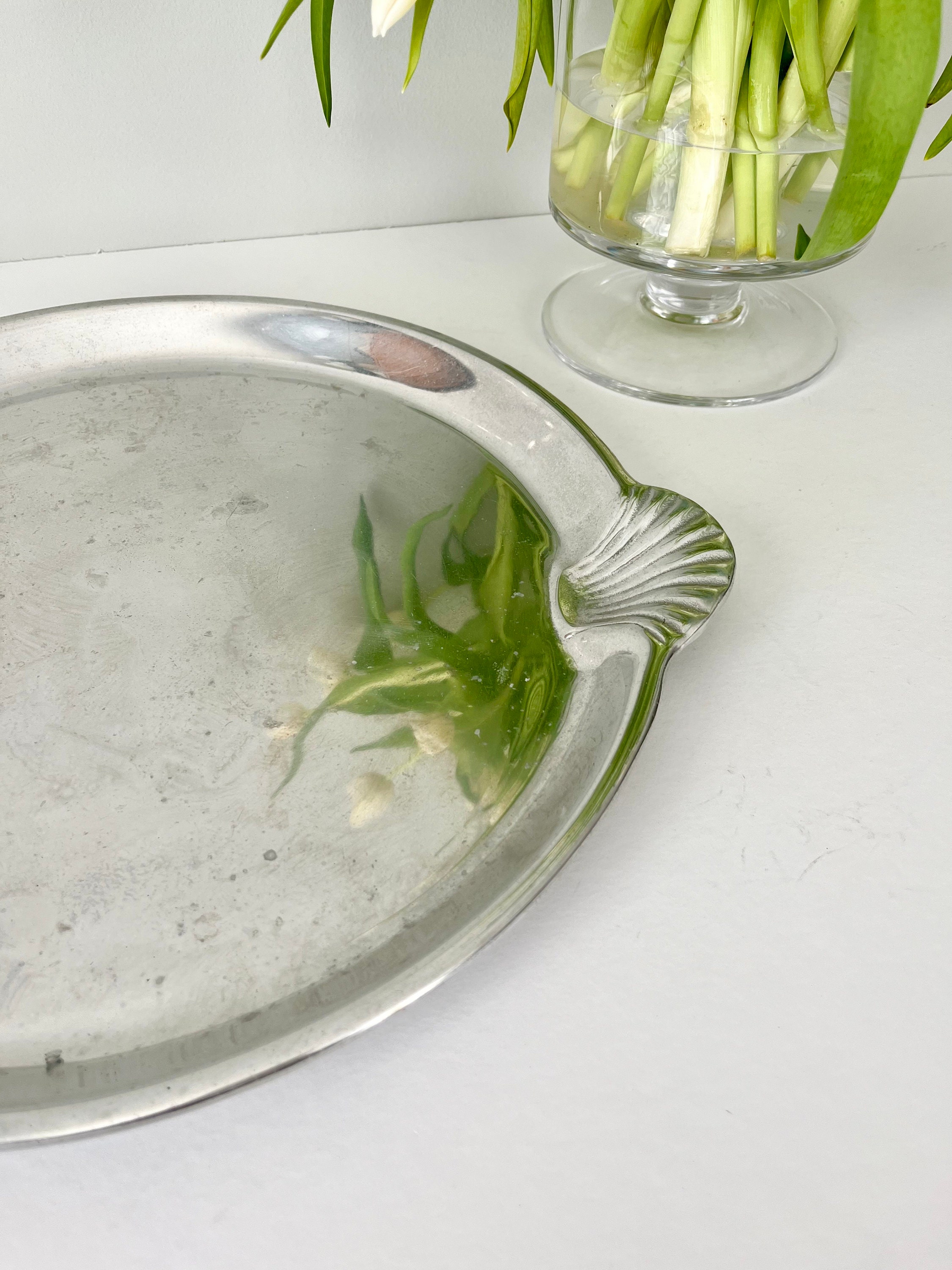 Silver Pewter Round Shell Serving Tray - Etsy