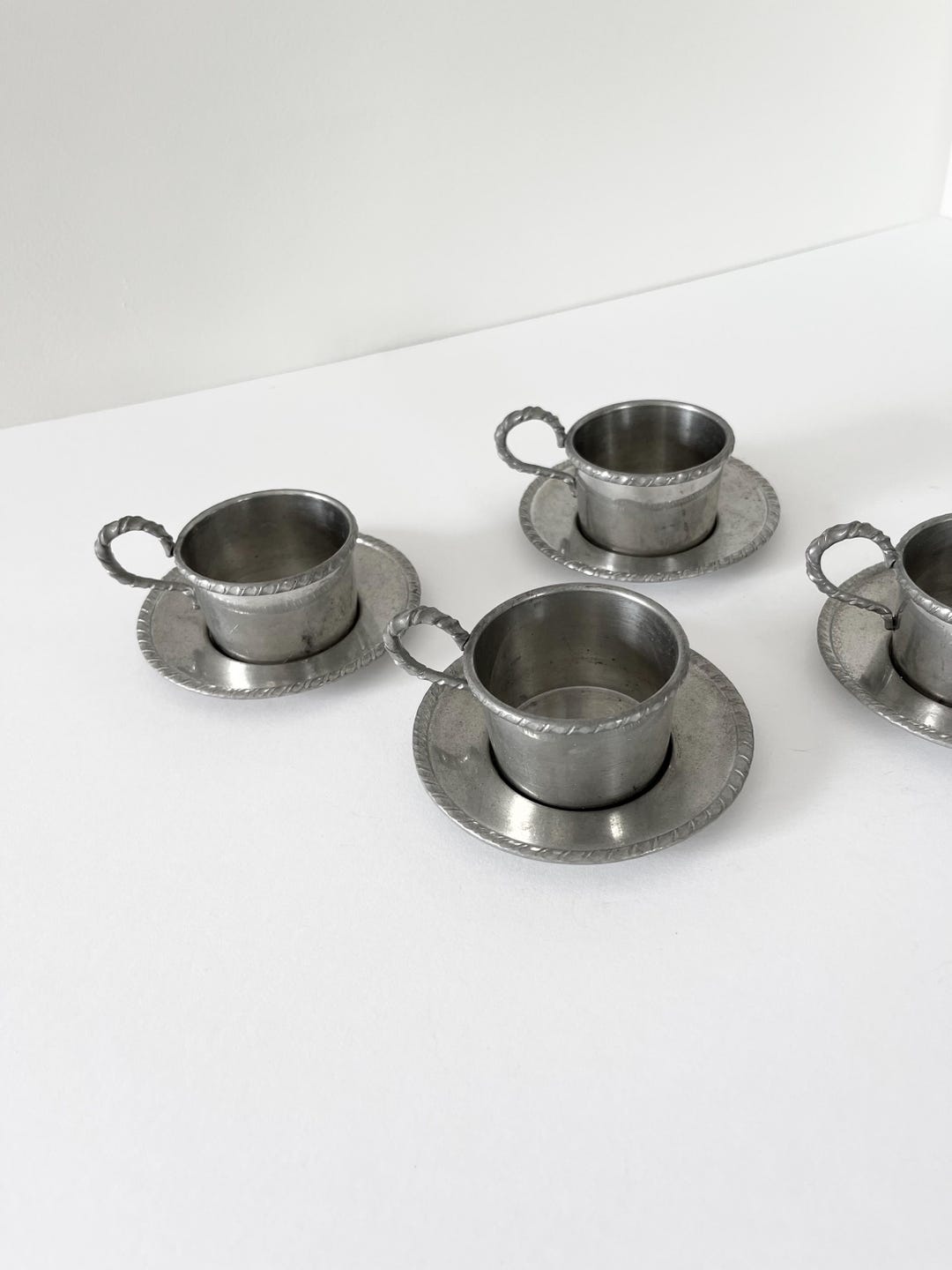 Vintage Pewter Espresso Cups and Saucers - Etsy