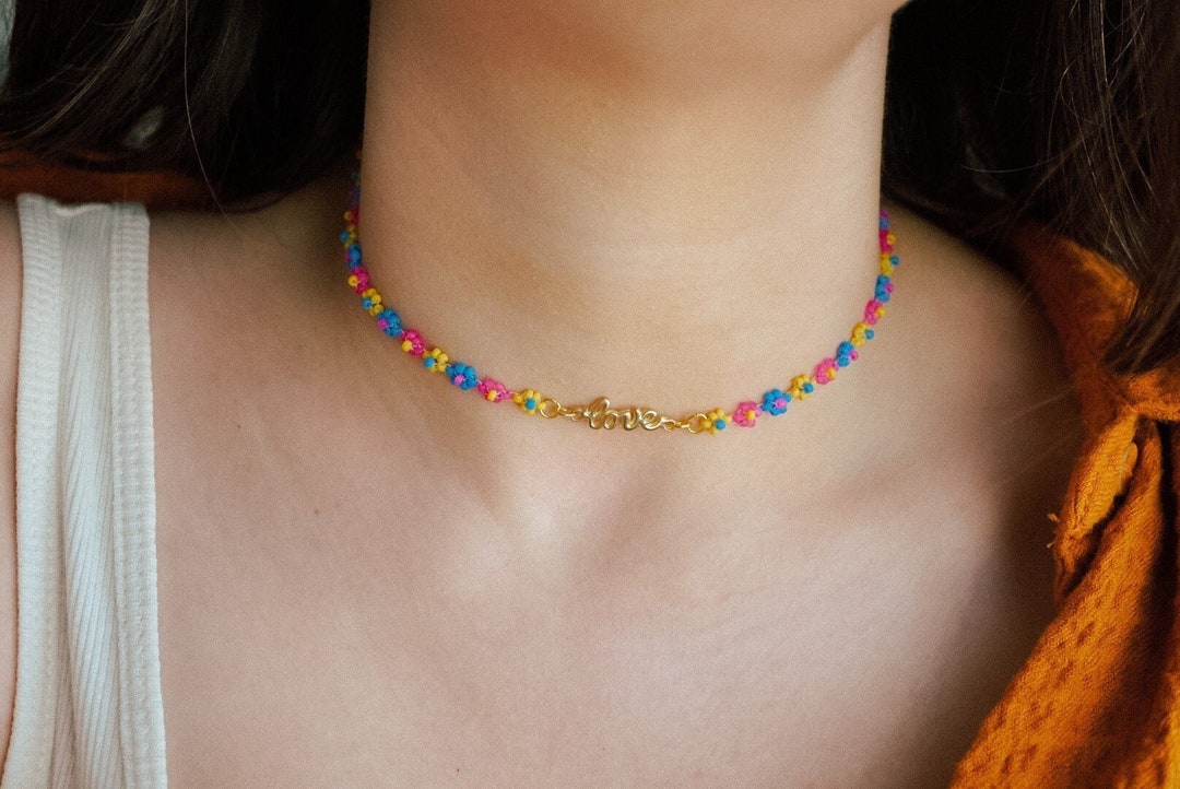 Pan Pride Choker, Daisy Chain Choker, Y2k Beaded Necklace, Daisy Chain ...