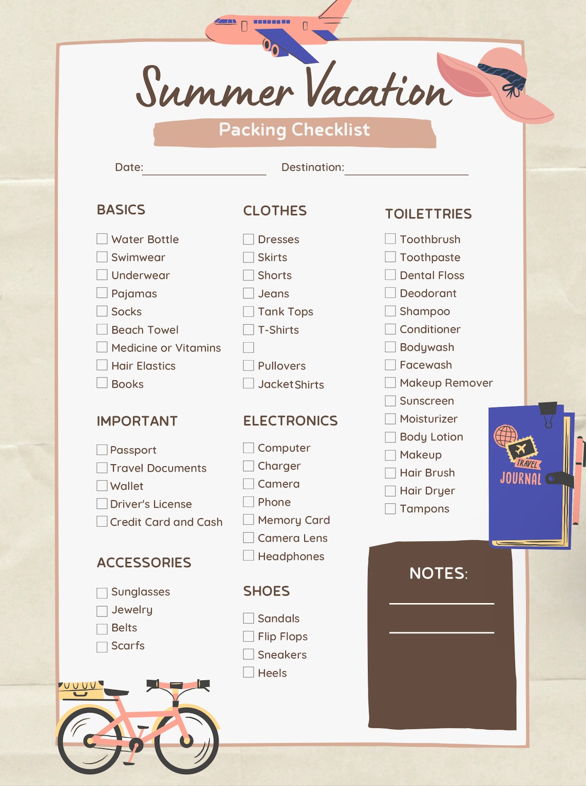 Summer Vacation Packing List Packing List Checklist - Etsy