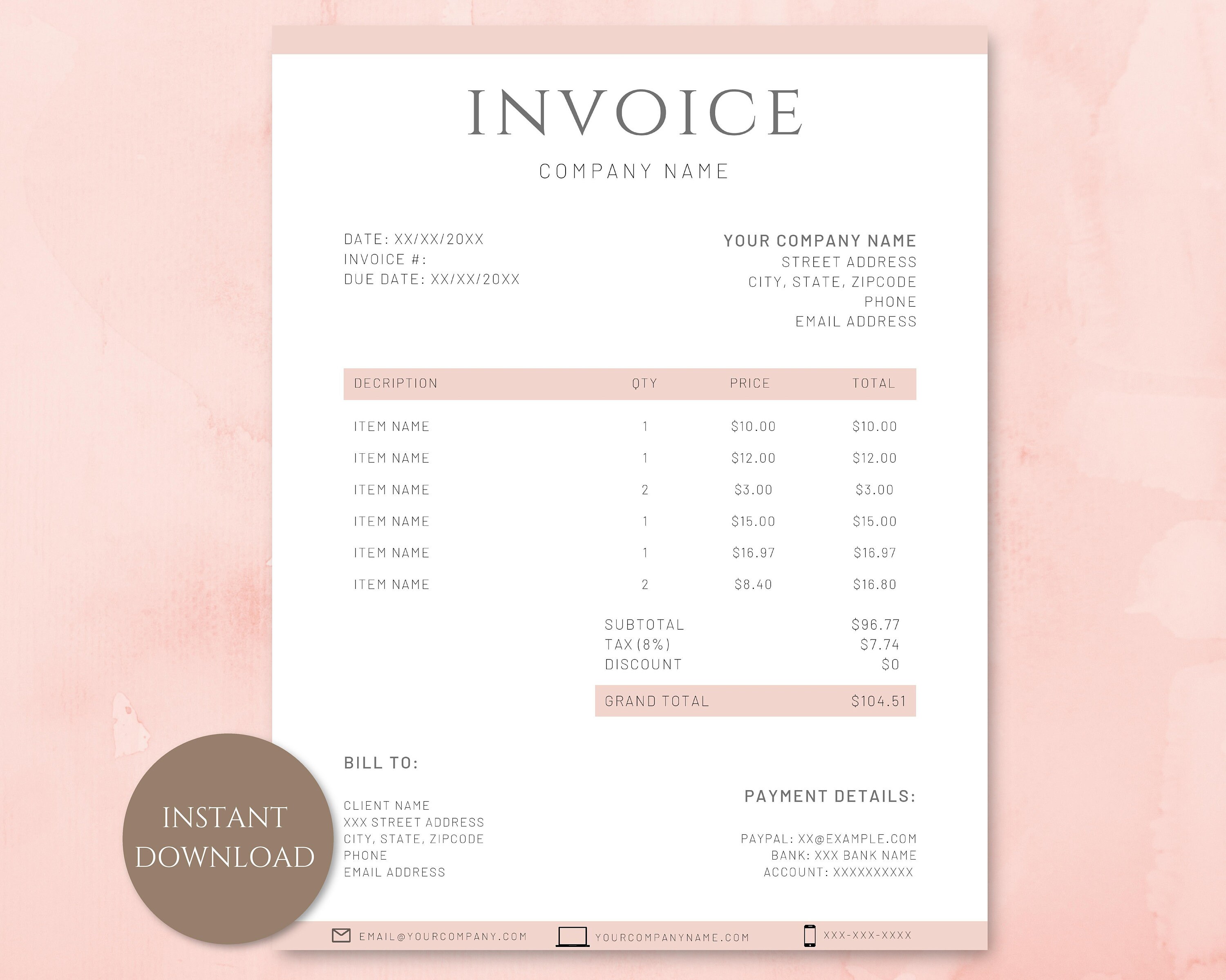 Invoice Template Printable Invoice Order Form Receipt | Etsy
