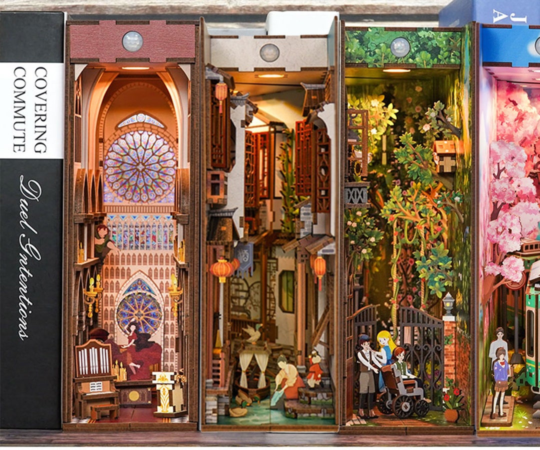Booknook kit DIY Book Nook Diorama Miniature Assemblage Serre-livres en bois Sense Light ...
