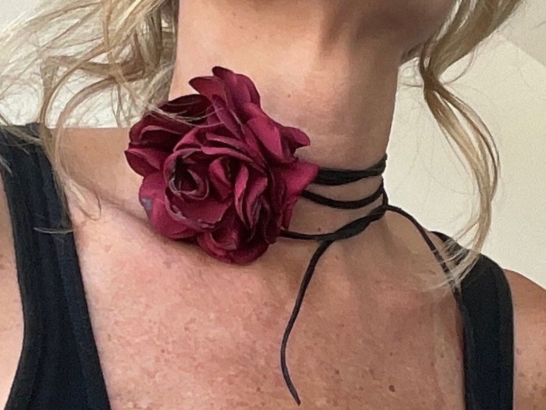 Flower Wrap Choker Accessory - Satin Rose Wrap Necklace- Suede or ...
