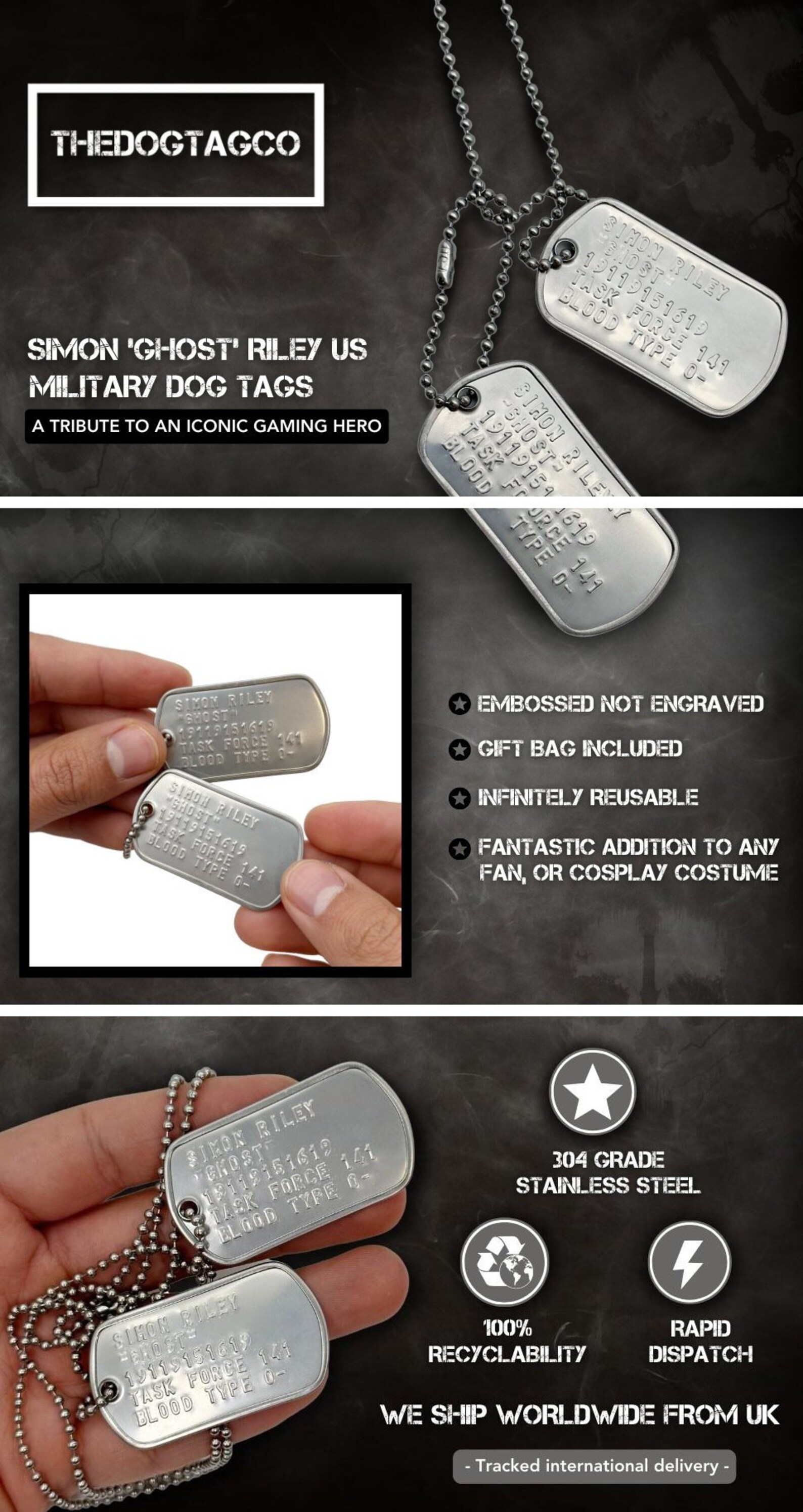Simon 'GHOST' Riley US Military Dog TAGS Detailed Replica Collector ...