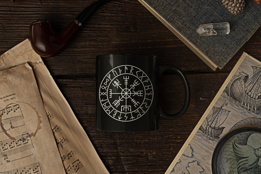 VEGVISIR Mug Viking Compass Nordic Runes, Gothic Black Drinkware, Biker ...