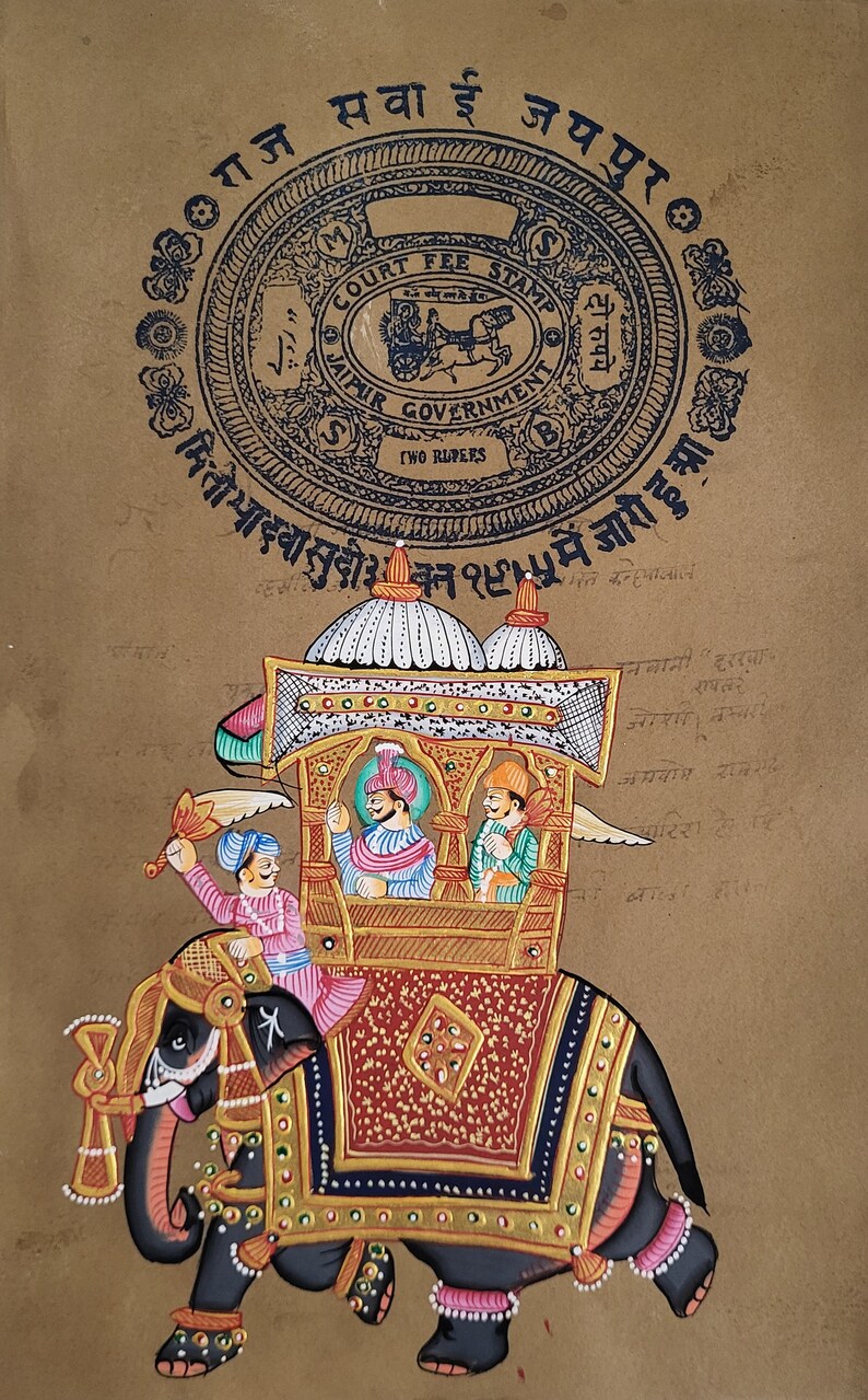 Indian Miniature Painting of Royal Elephants and Horse on Vintage Stamp ...