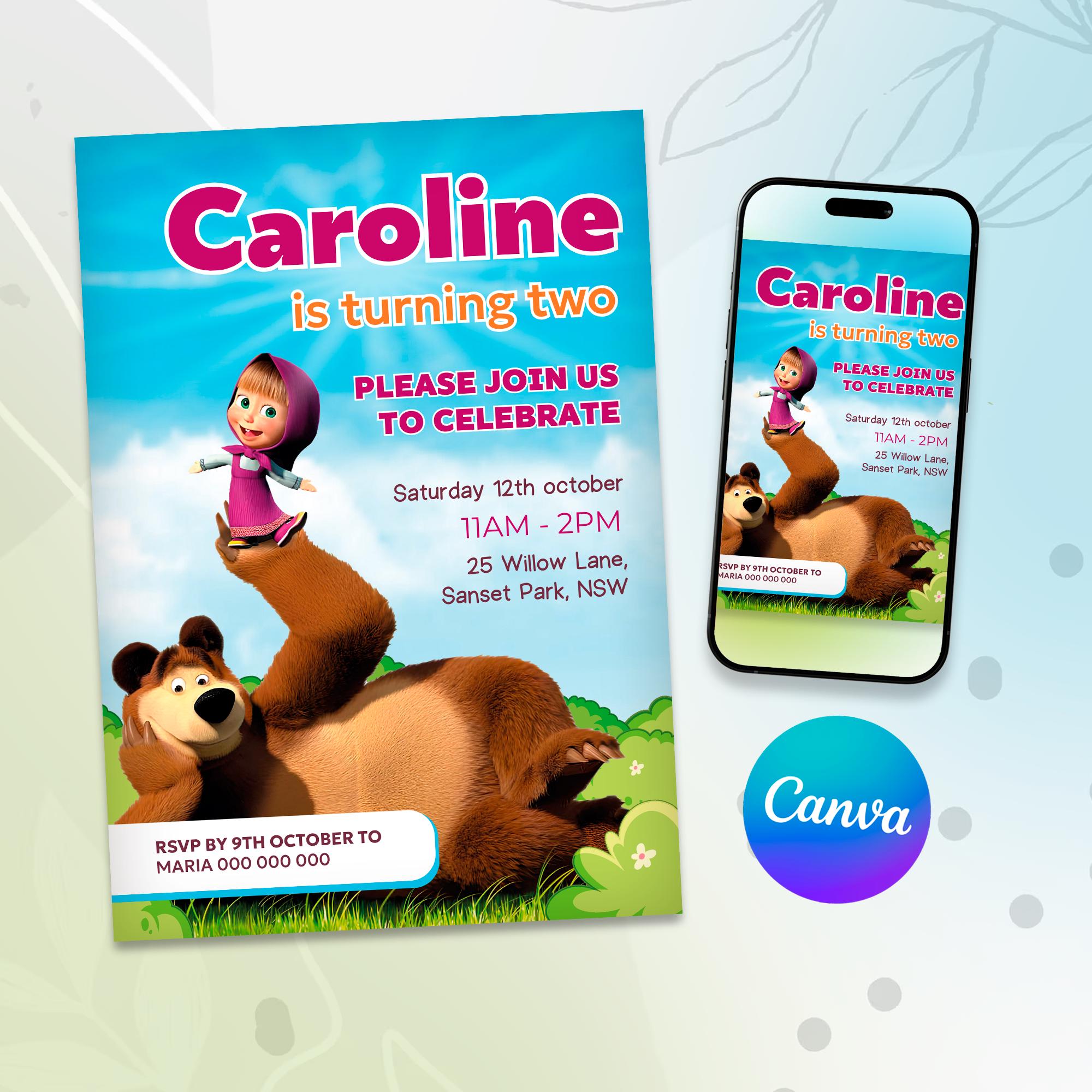 Editable Masha and the Bear Birthday Invitation, Printable Party Invite ...