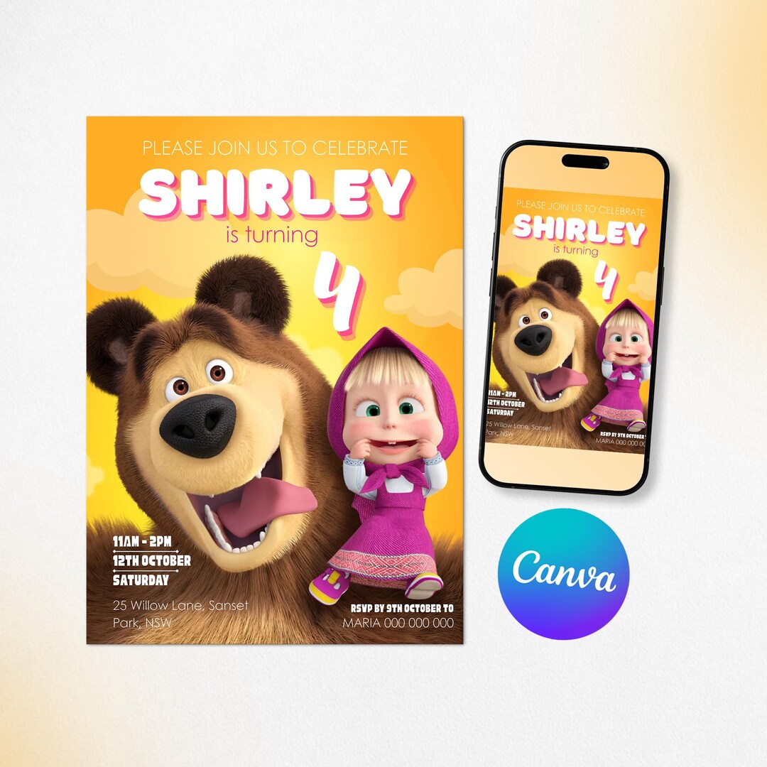 Buy Masha and the Bear Birthday Invitation, Editable Canva Template ...
