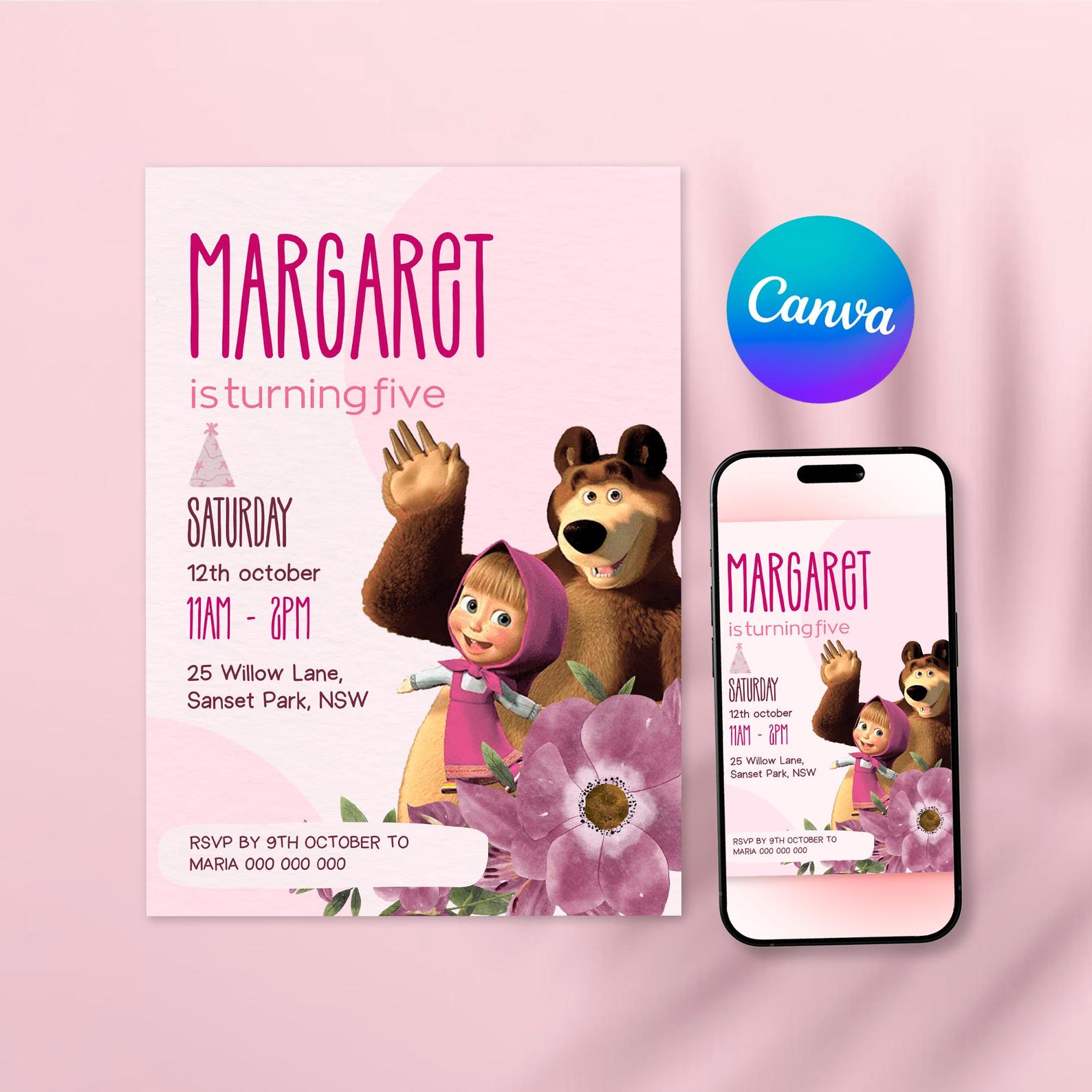Masha and the Bear Birthday Invitation, Pink Editable Canva Template ...