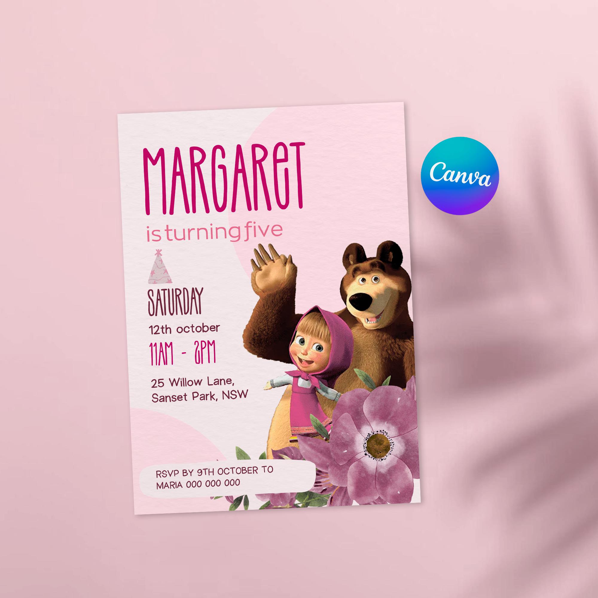 Masha and the Bear Birthday Invitation, Pink Editable Canva Template ...