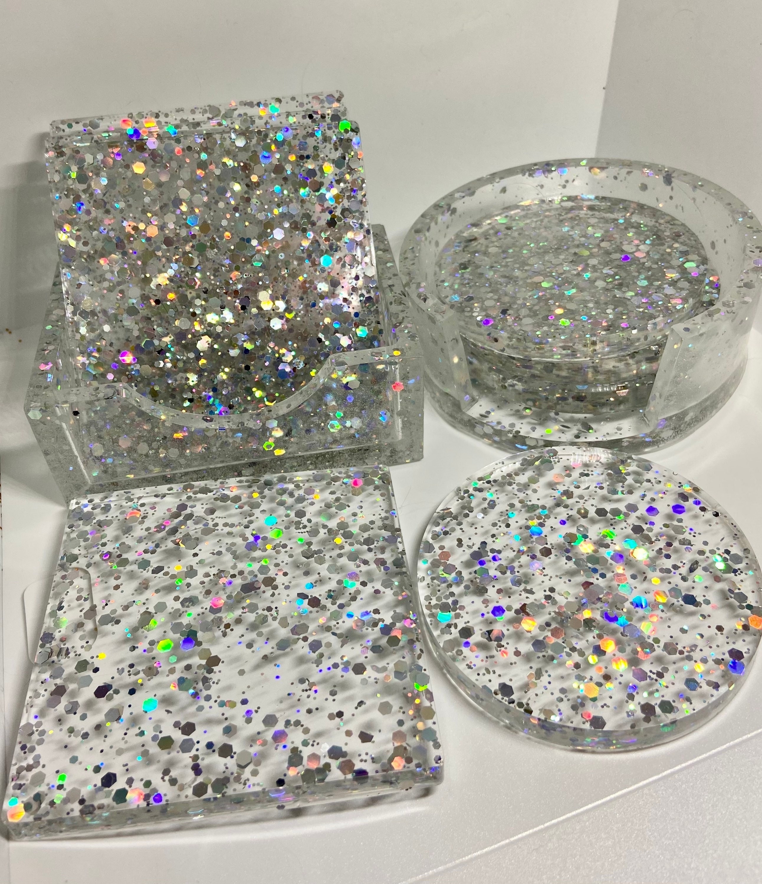 Coaster Set With Matching Coaster Holder Resin Silver - Etsy
