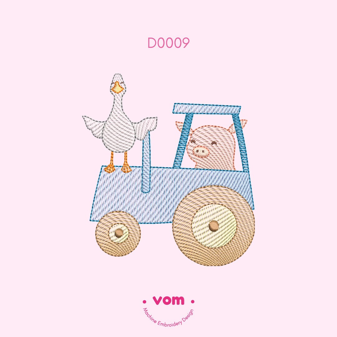 Duck and Pig on a Tractor Embroidery Design Cute Farm Animal Rippled ...