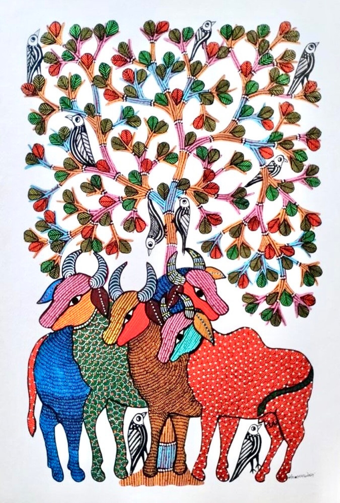 Gond Art Paintings Bull & Tree of Life, Indian Paintings on Paper ...