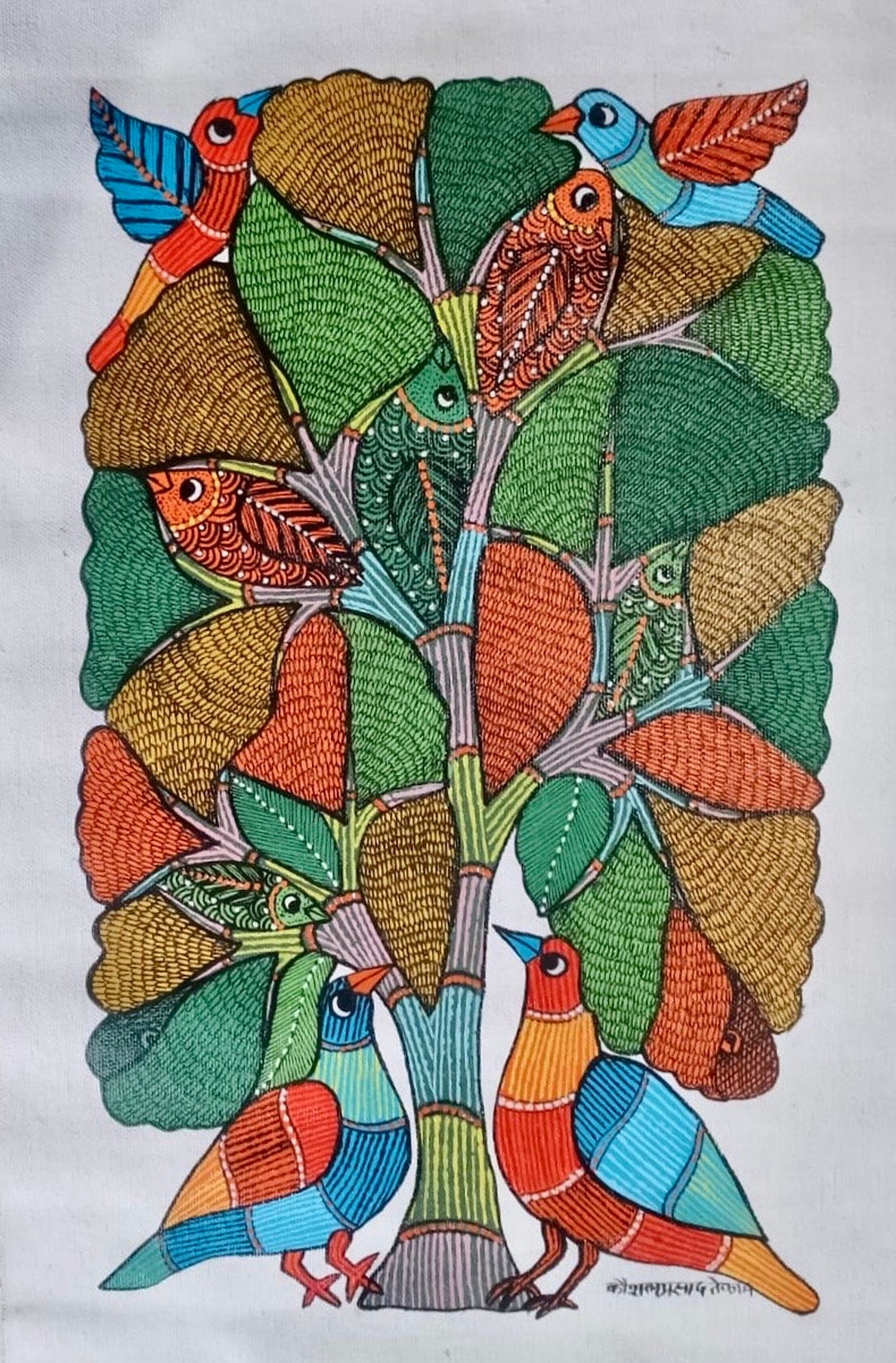 Gond Art Paintings - Tree of Life, Parrot and Fish Paintings, Colorful ...