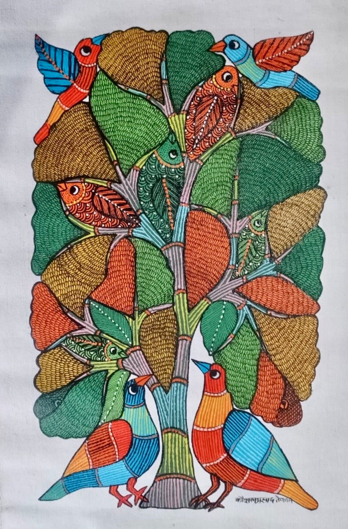 Gond Art Paintings - Tree of Life, Parrot and Fish Paintings, Colorful ...