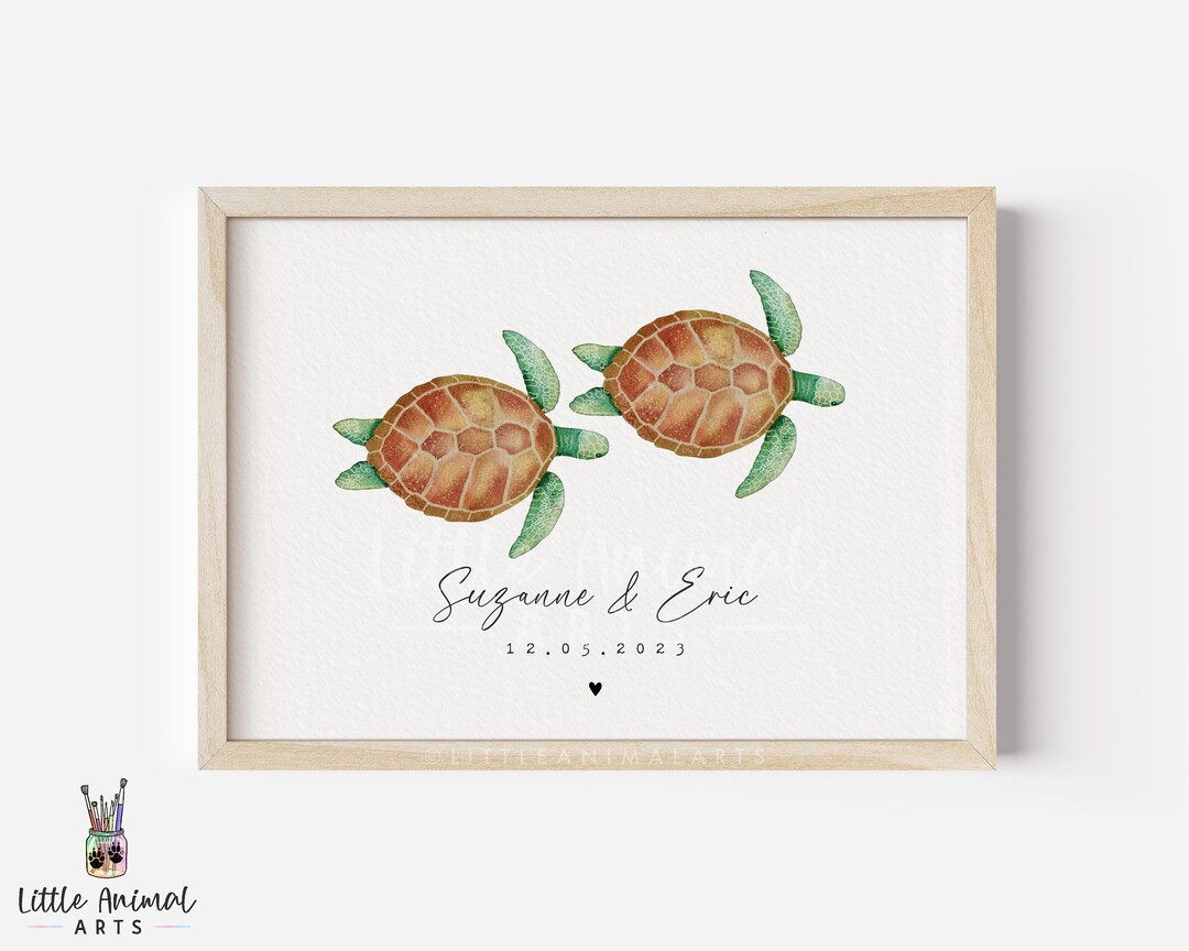 Sea Turtle Couple Art Print Personalised Couple Print, Custom Wedding ...
