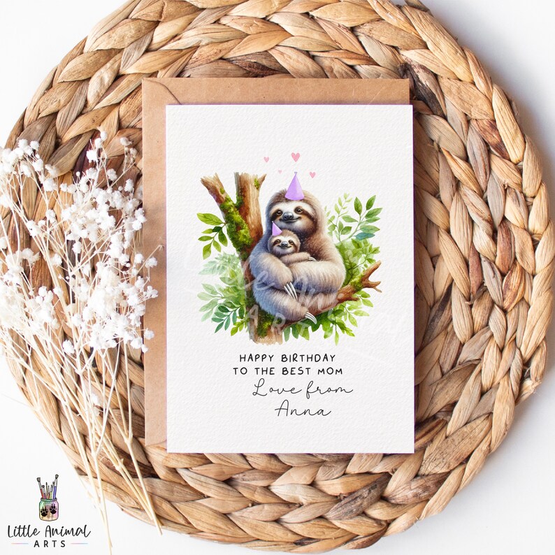 Cute Sloth Birthday Card for Mum Dad • Personalised Watercolour Animal ...