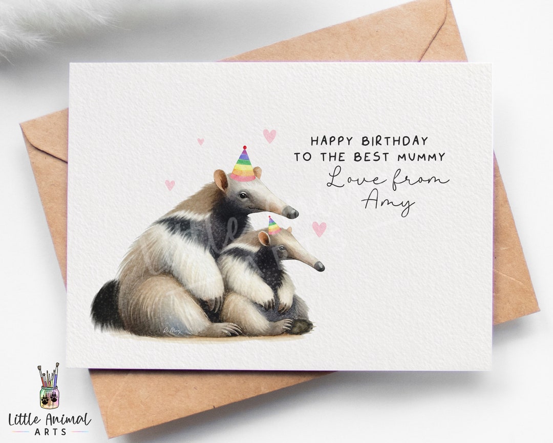 Cute Ant Eater Birthday Card for Mum Dad • Personalised Watercolour ...