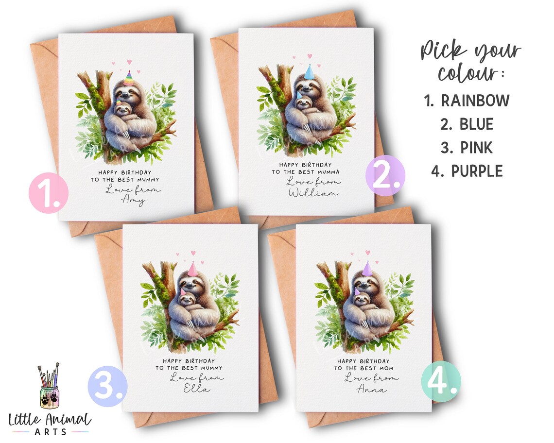 Cute Sloth Birthday Card for Mum Dad • Personalised Watercolour Animal ...