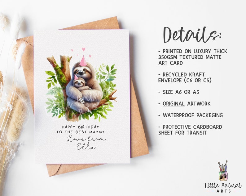 Cute Sloth Birthday Card for Mum Dad • Personalised Watercolour Animal ...
